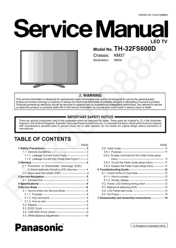 PANASONIC, TV LED, MODELO TH-32FS600D, Chassis KM37, SERVICE MANUAL
